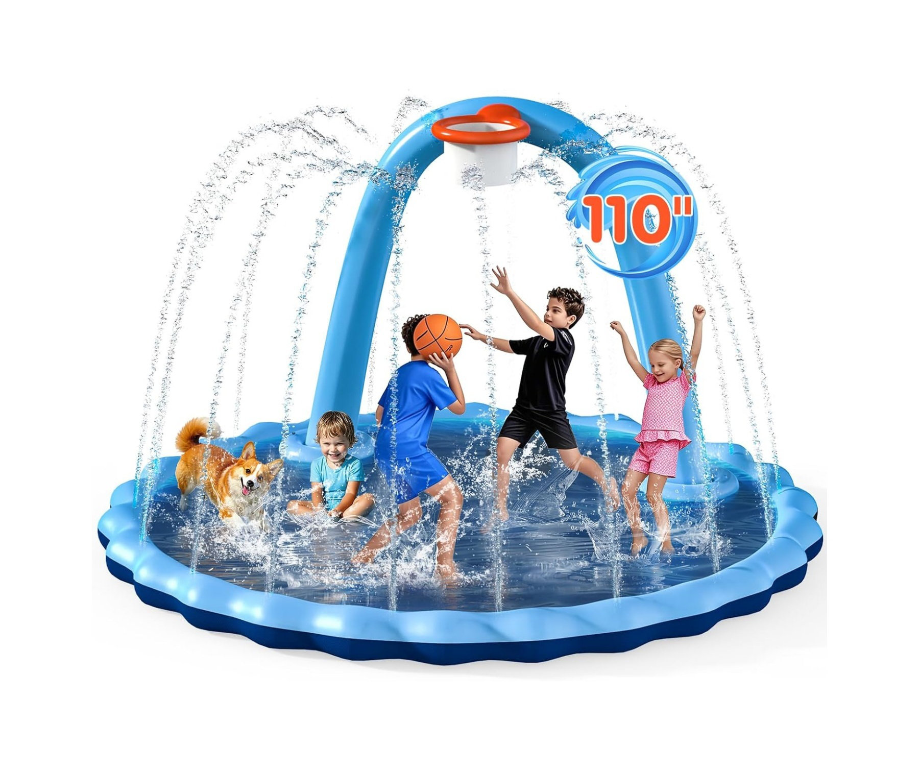 Phantoscope 2-In-1 Splash Pad For Kids & Dogs, 110" Outdoor Water Sprinkler With Basketball Hoop ...